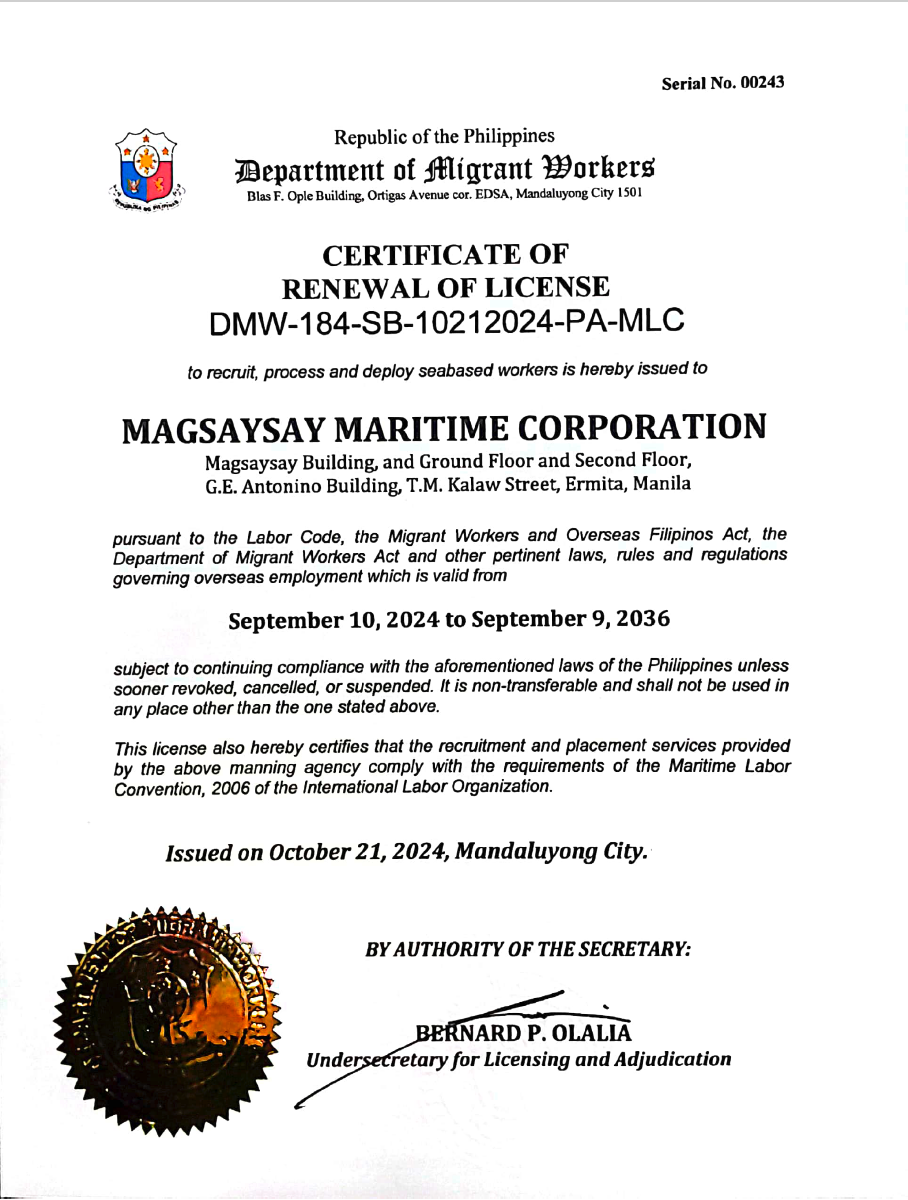 Presidential Awardee MAGSAYSAY, Renews License with 12 Years Validity ...